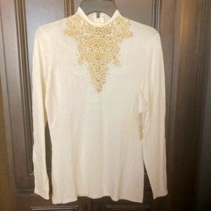 Reba | Sweaters | Reba Ivory Gold Embroidered Rhinestone Long Sleeve ...